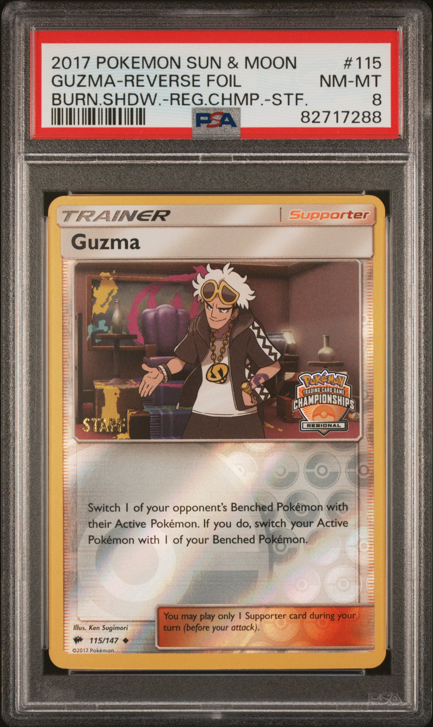 PSA 8 NM-MT Guzma - Burning Shadows Regionals Staff Reverse Holo Promo ...
